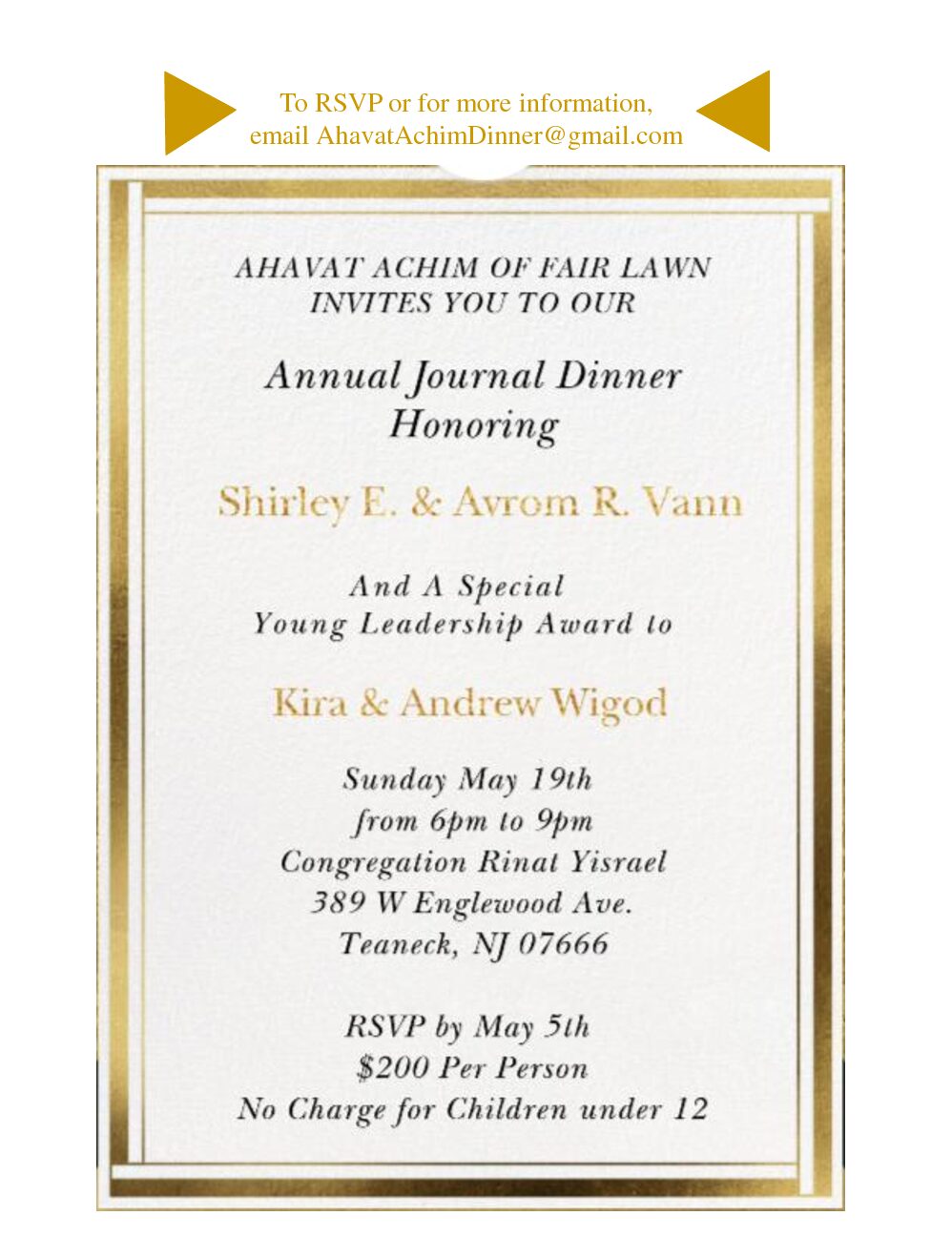 Journal Dinner | Congregation Ahavat Achim - Bergen County Modern ...